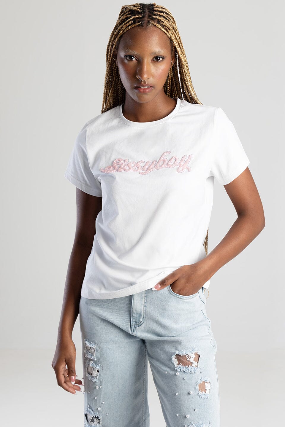 Sissy Boy Short Sleeve Tee Pink Beaded Logo White – Brands Megastore